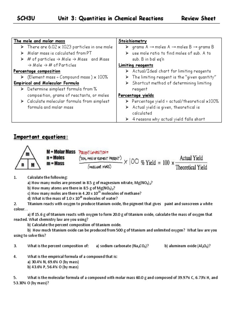 Sch3U Unit 3: Quantities in Chemical Reactions Review Sheet: The Mole ...