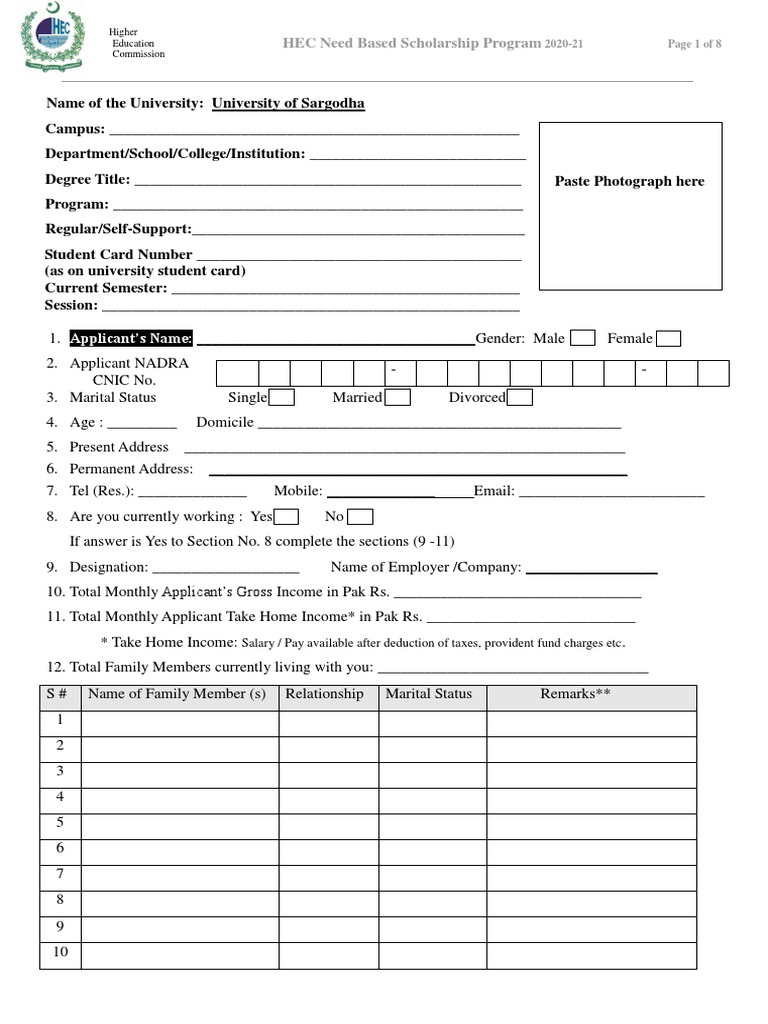Application Form HEC Need Base Scholarship 2020-2021 - 1623149085 | PDF ...