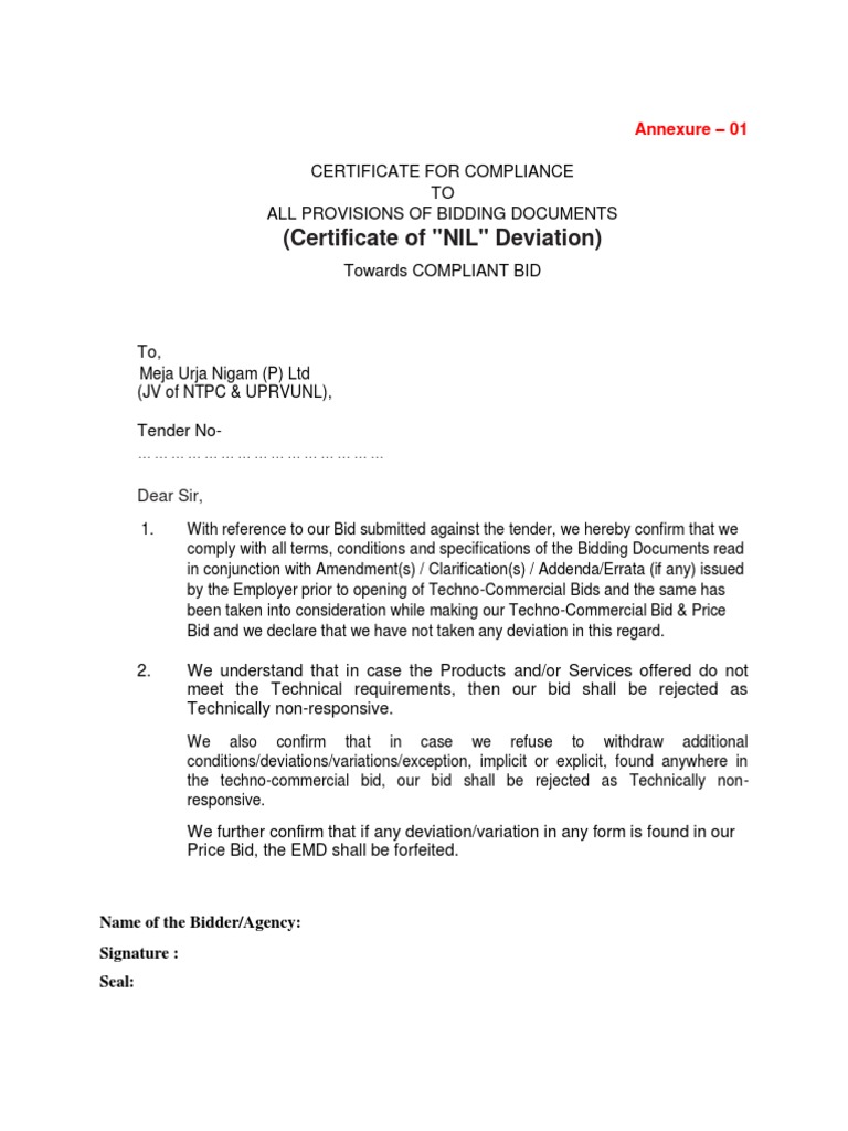 (Certificate of "NIL" Deviation) : Meja Urja Nigam (P) LTD (JV of NTPC ...