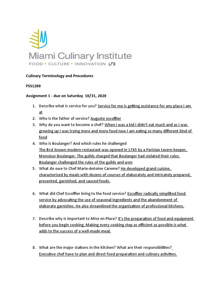 Culinary Terminology - Assigment 1 | PDF | Chef | Foods