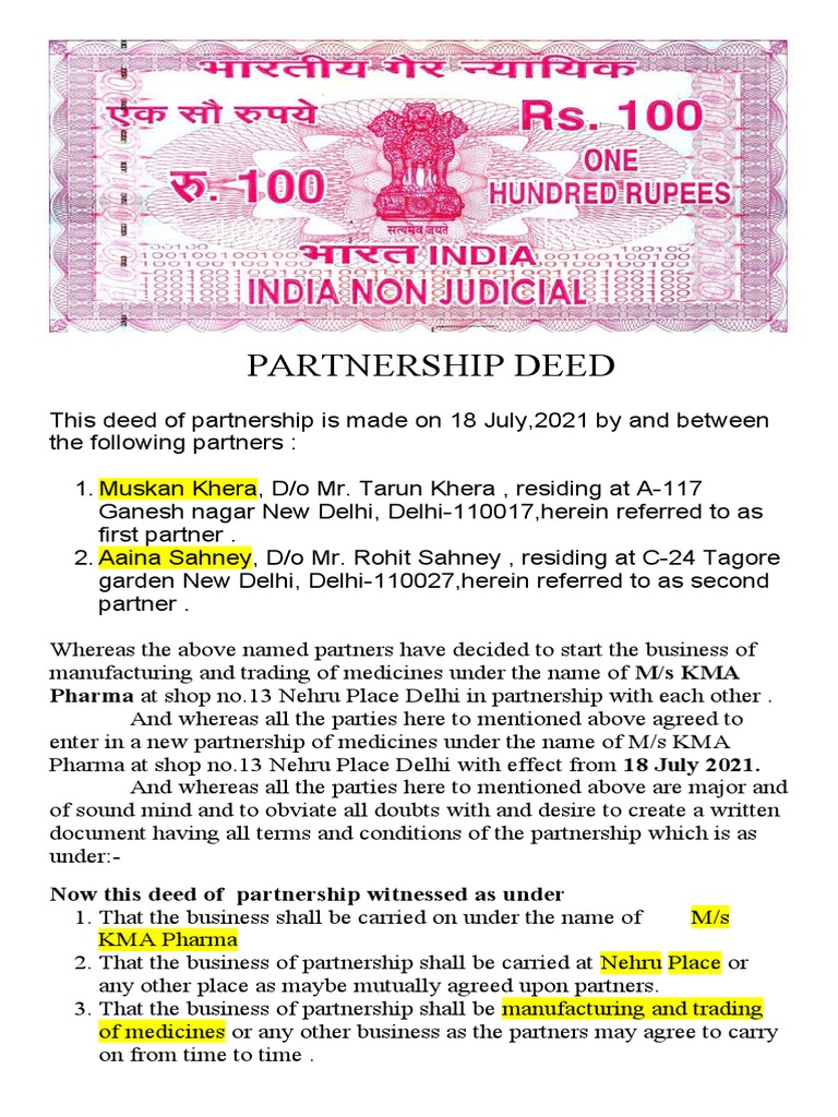 Partnership Deed: Pharma at Shop No.13 Nehru Place Delhi in Partnership ...
