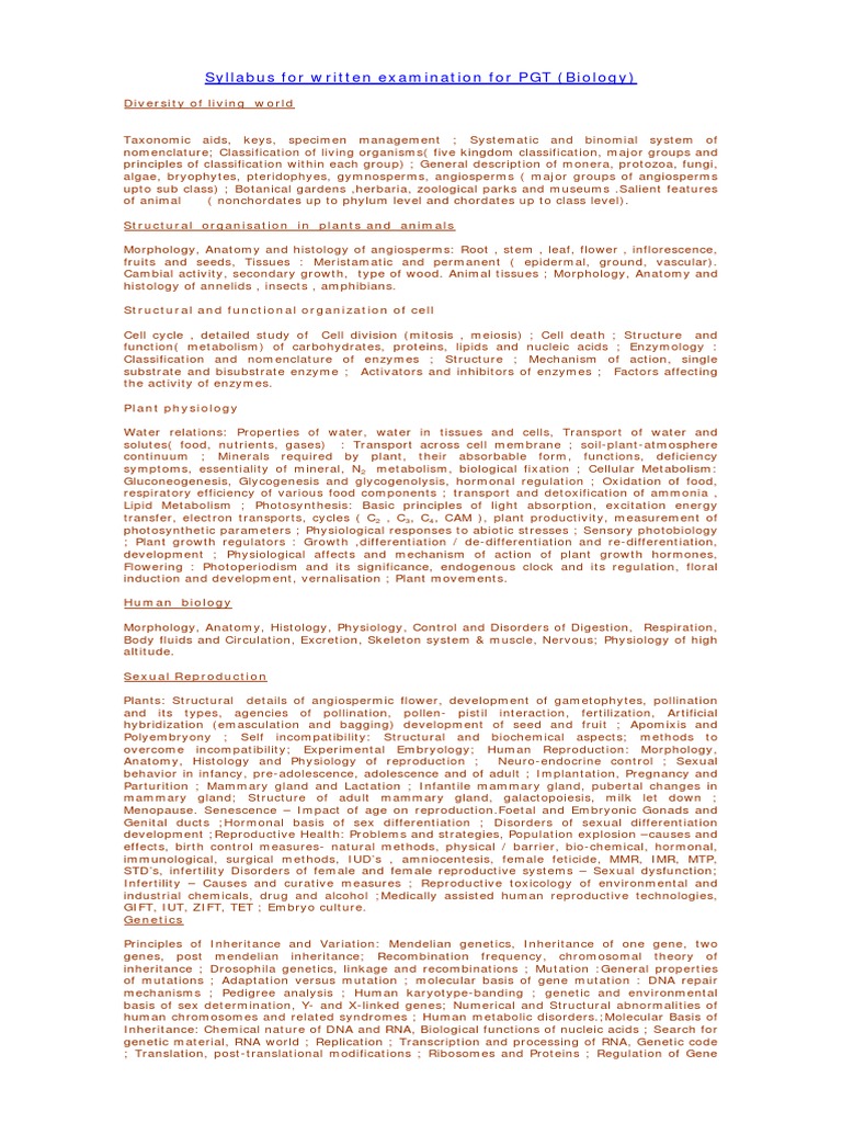 Comprehensive Overview of the PGT Biology Examination Syllabus Covering ...