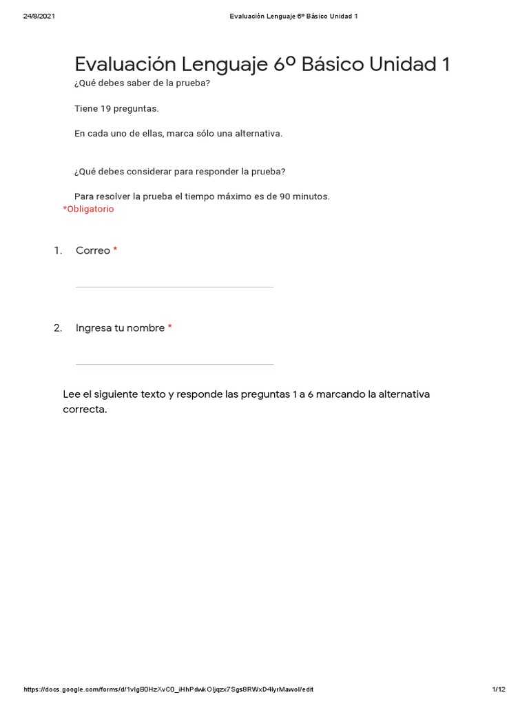 Evaluación Lenguaje 6° Básico B Unidad 1 - Formularios de Google | PDF ...
