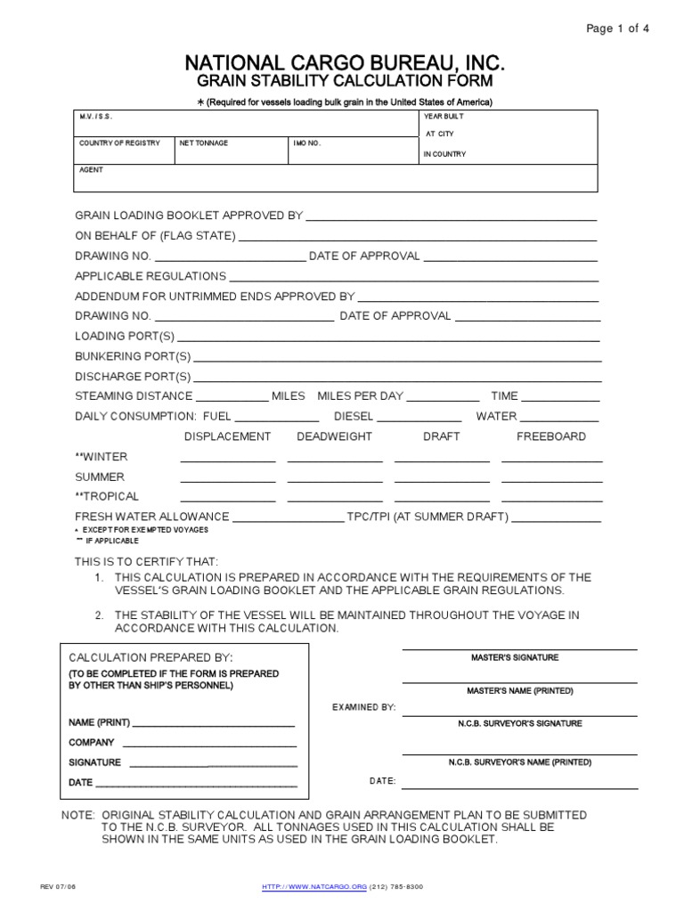 Grain Stability Calculation Form Excel | PDF | Tonnage | Water Transport
