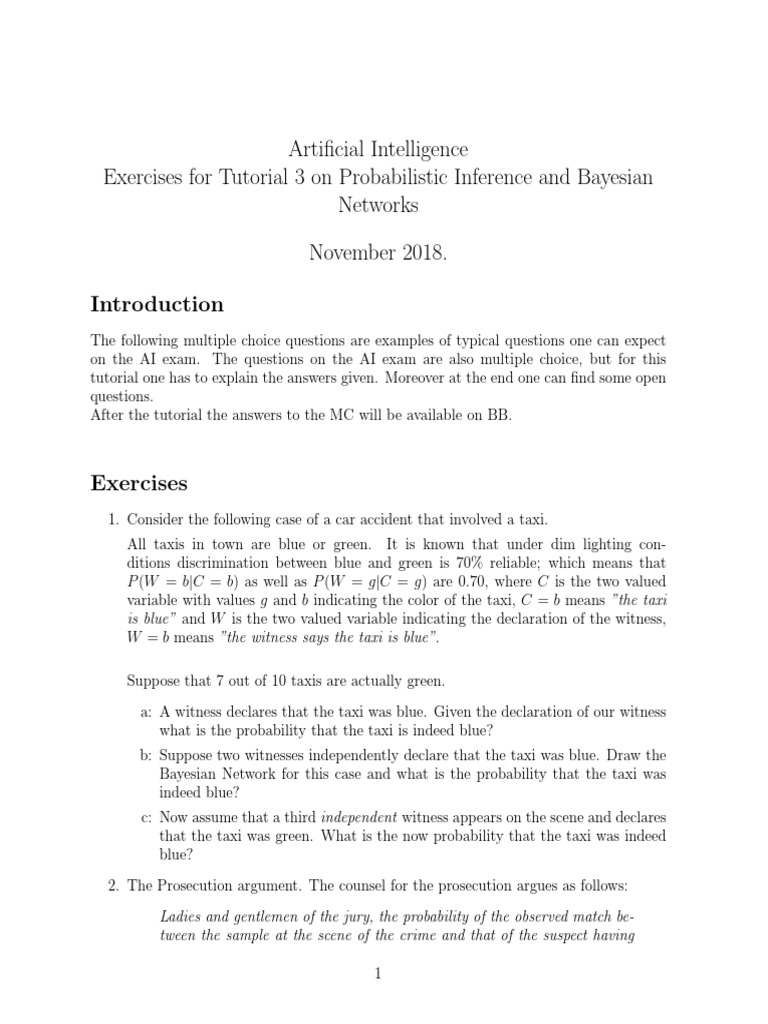 Artificial Intelligence Exercises For Tutorial 3 On Probabilistic Inference and Bayesian ...