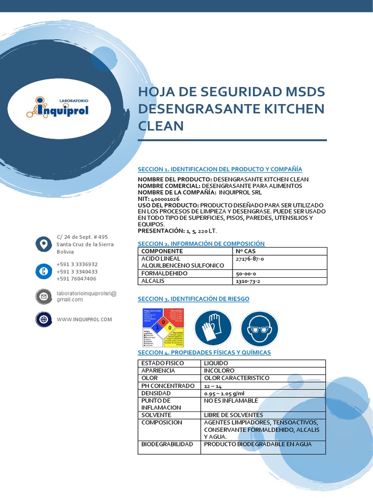 Hoja de Seguridad MSDS Desengrasante Kitchen Clean | PDF