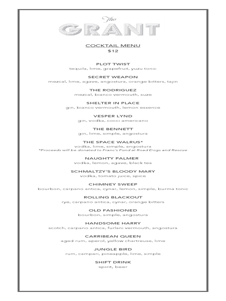 The Grant Bar - Full Menu | Download Free PDF | Rose | Alcoholic Drinks