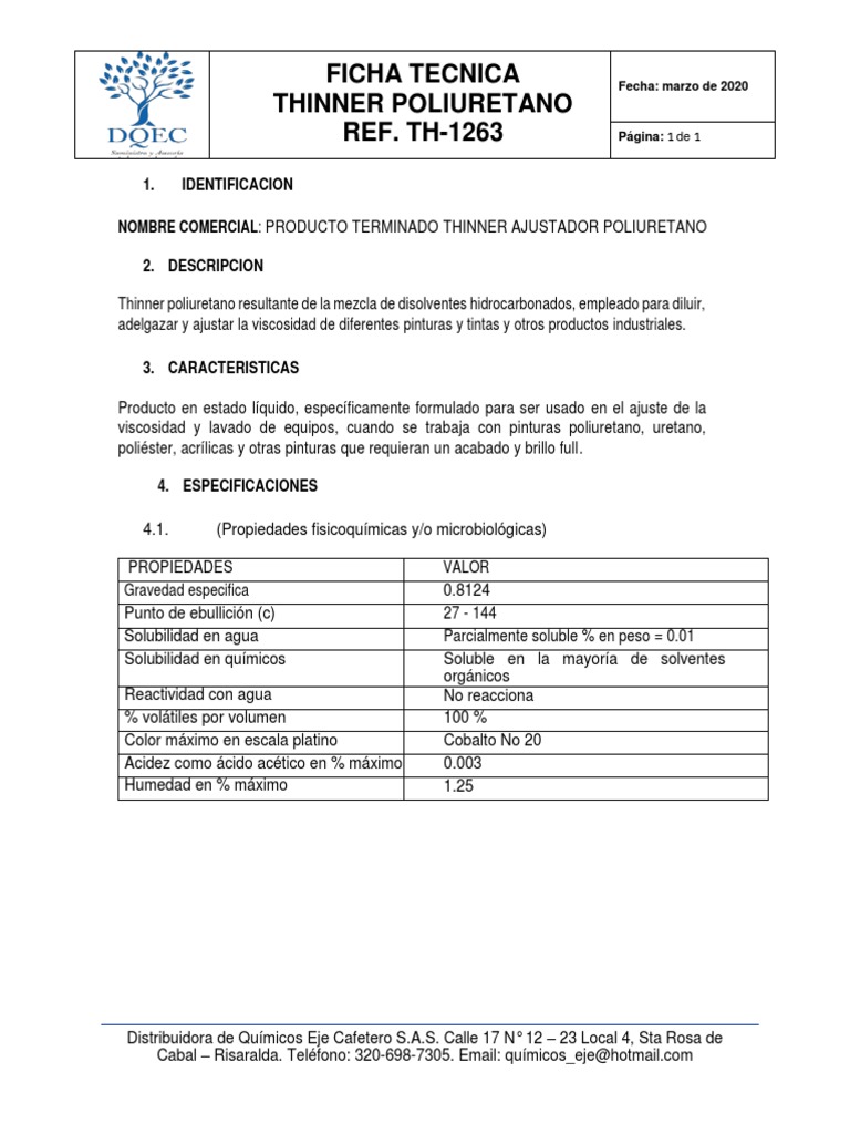 Especificaciones técnicas de un thinner poliuretano para diluir y ajustar pinturas | PDF ...