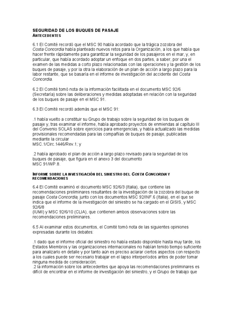 Informe Del CSM OMI SEGURIDAD DE LOS BUQUES DE PASAJE | PDF | Buques