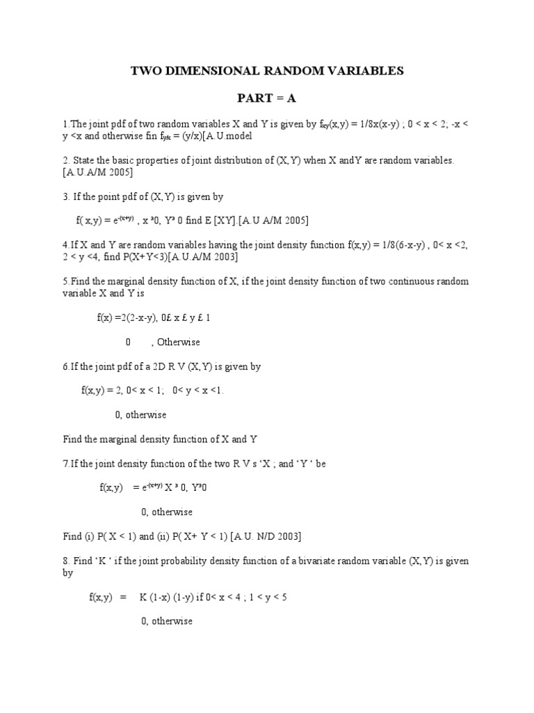 Two Dimensional Random Variables 1 Pdf Correlation And Dependence