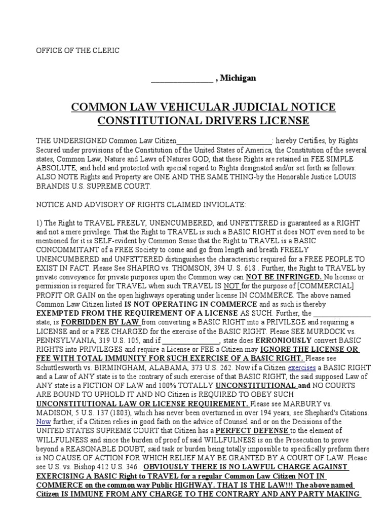 Common Law Vehicular Judicial Notice Constitutional Drivers License ...