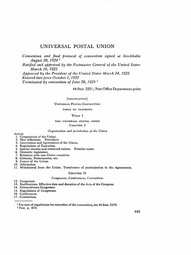 Universal Postal Union: 44 Stat. 2221 Post Office Department Print ...