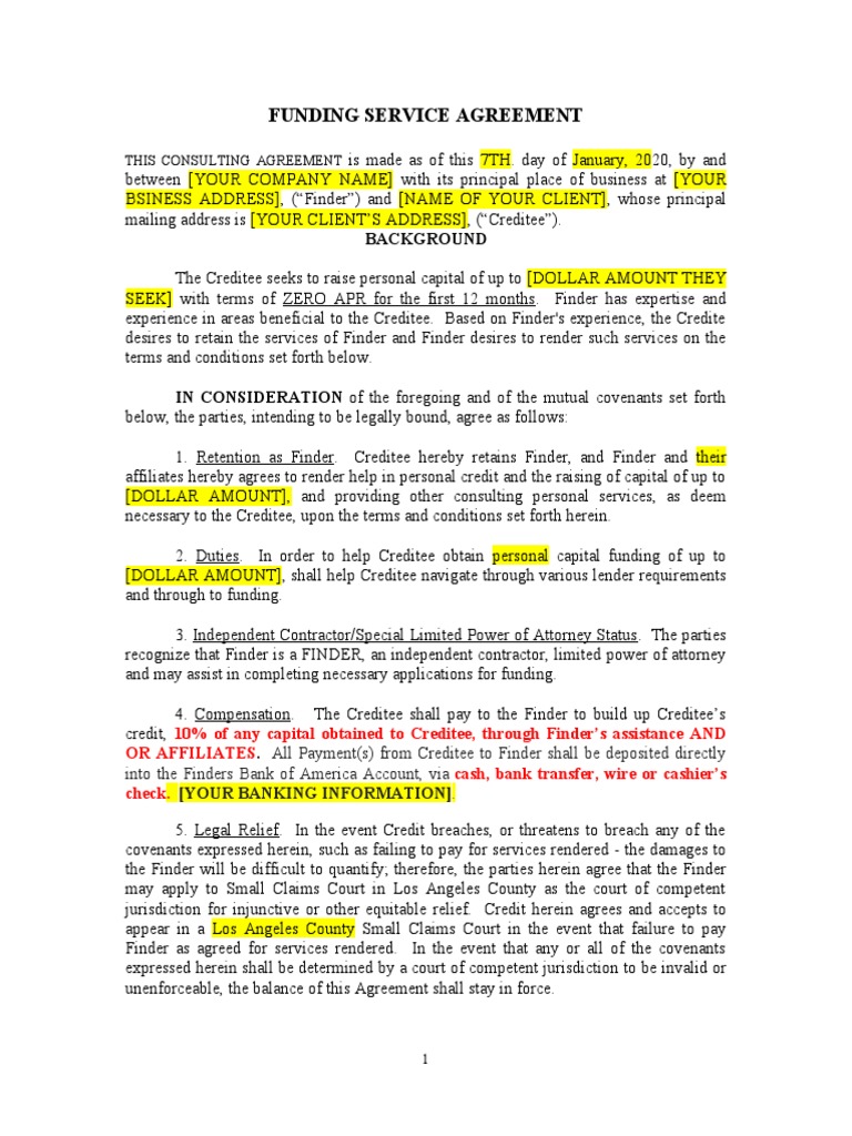 Sample Funding Service Agreement Rev | PDF | Indemnity | Legal Concepts