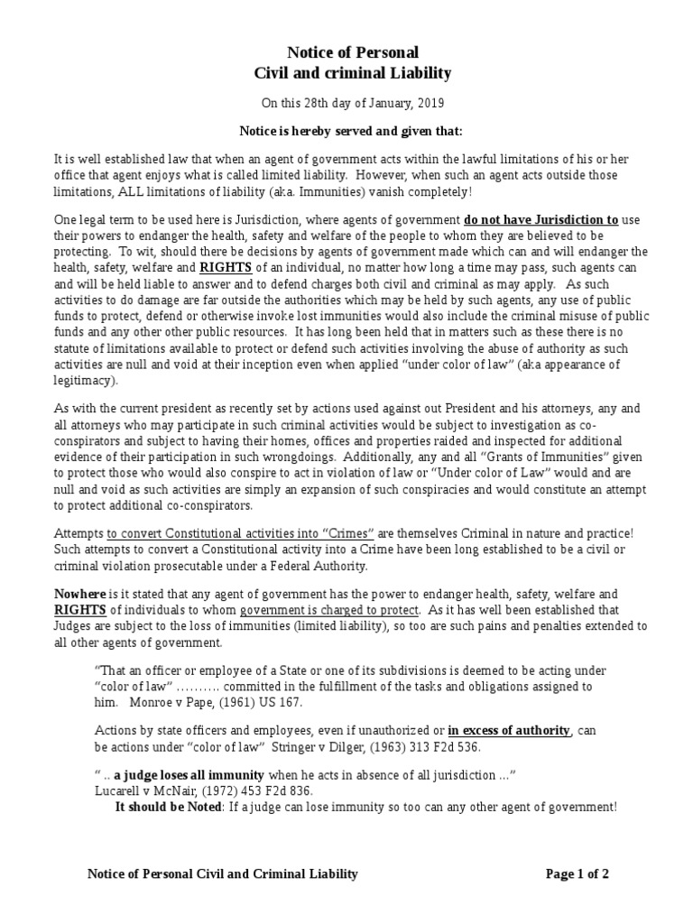 Notice of Personal Civil and Criminal Liability | PDF | Conspiracy ...
