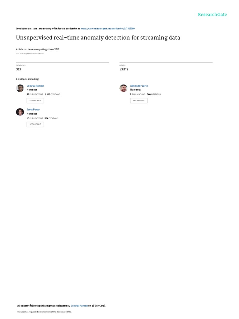 Unsupervised Real-Time Anomaly Detection For Streaming Data: Neurocomputing June 2017 | PDF ...