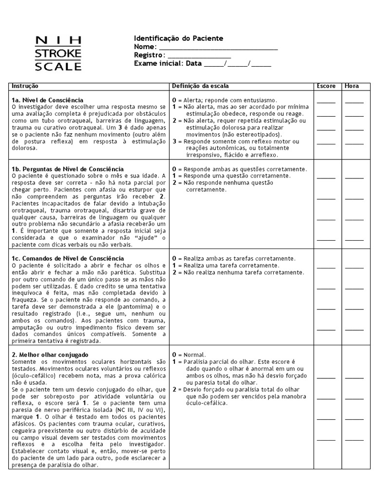 Escala NIHSS: Avaliação Neurológica | PDF | Deficiência visual ...