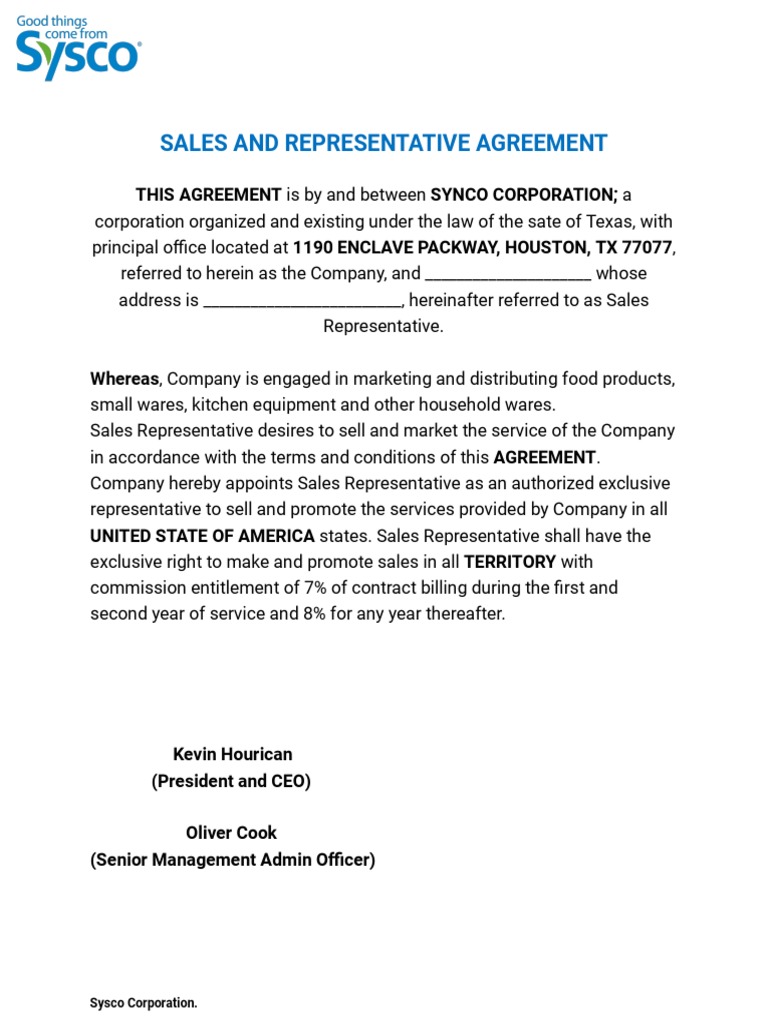 Sysco Corps SALES AND REPRESENTATIVE AGREEMENT | PDF