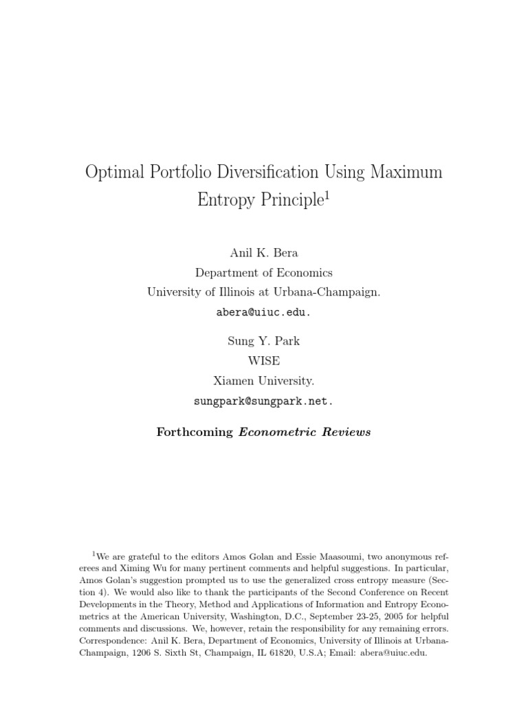 Optimal Portfolio Diversification Using Maximum Entropy Principle | PDF | Standard Deviation ...