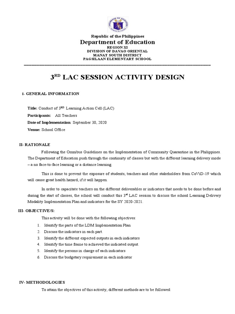 3rd LAC Activity Design | PDF | Learning | Classroom