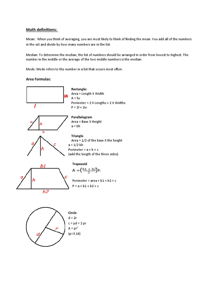 Math definitions, formulas, and theorems explained | PDF | Area | Geometry