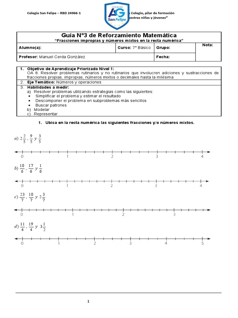 7° Básico Guía N°3 Fracciones en La Recta Numérica | PDF