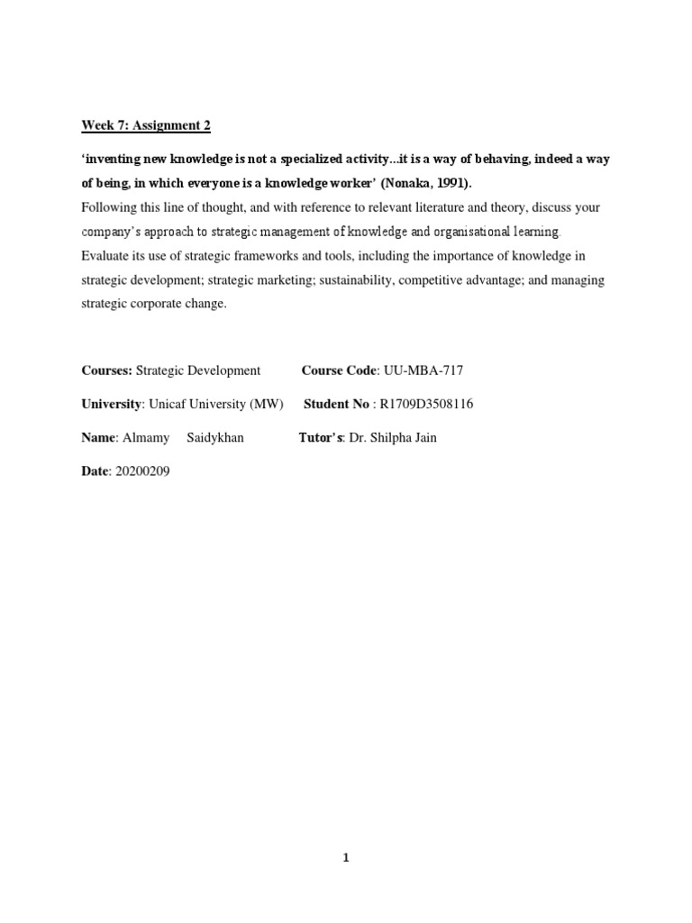 Week 7 Assignment 2 Strategic Developmen | PDF | Competitive Advantage | Tacit Knowledge