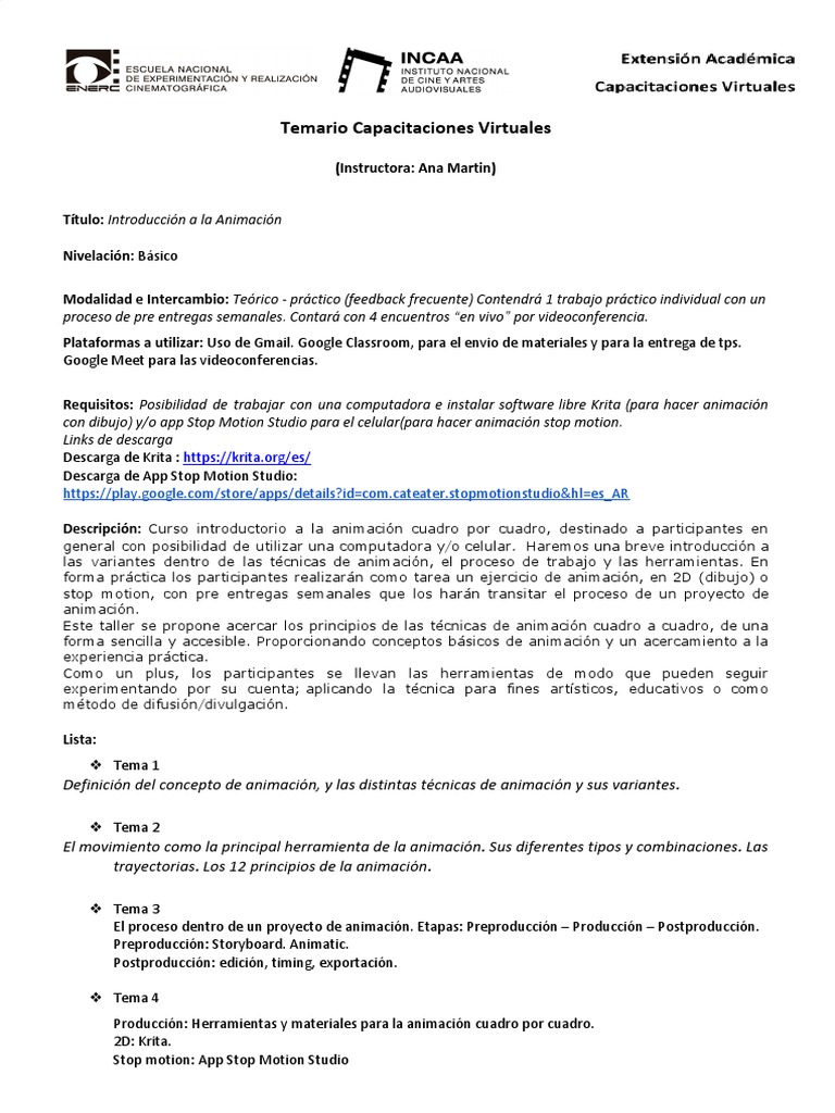 Temario Introducción A La Animación - Extensión ENERC | PDF | Animación ...