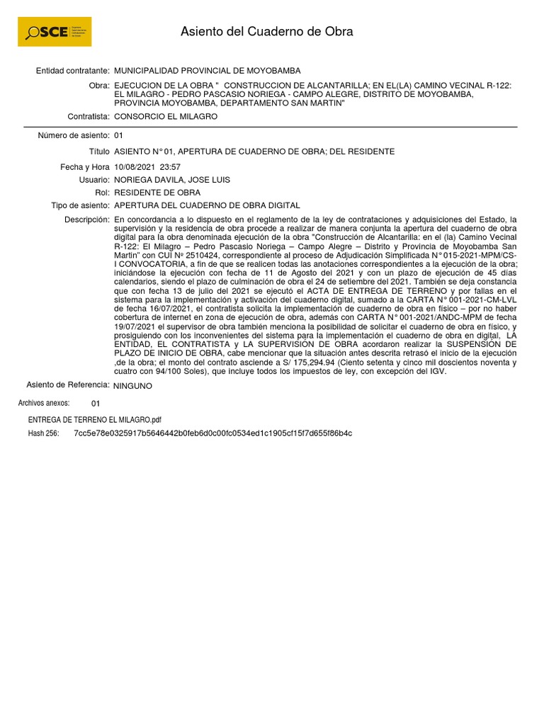 Apertura de Cuaderno de Obra Milagro | PDF