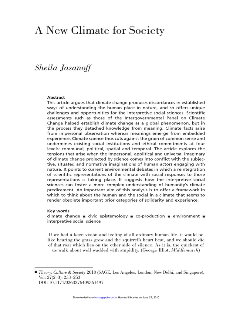 A New Climate For Society: Sheila Jasanoff | PDF | Science | Middlemarch