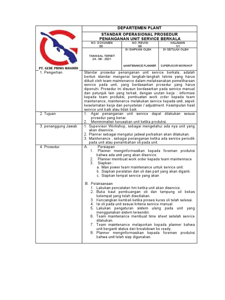 02 Sop Penanganan Unit Service Berkala Oke | PDF