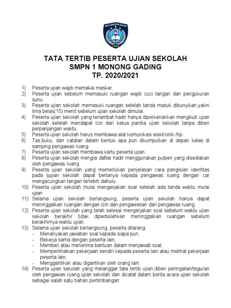 Tata Tertib Peserta Ujian Sekolah | PDF