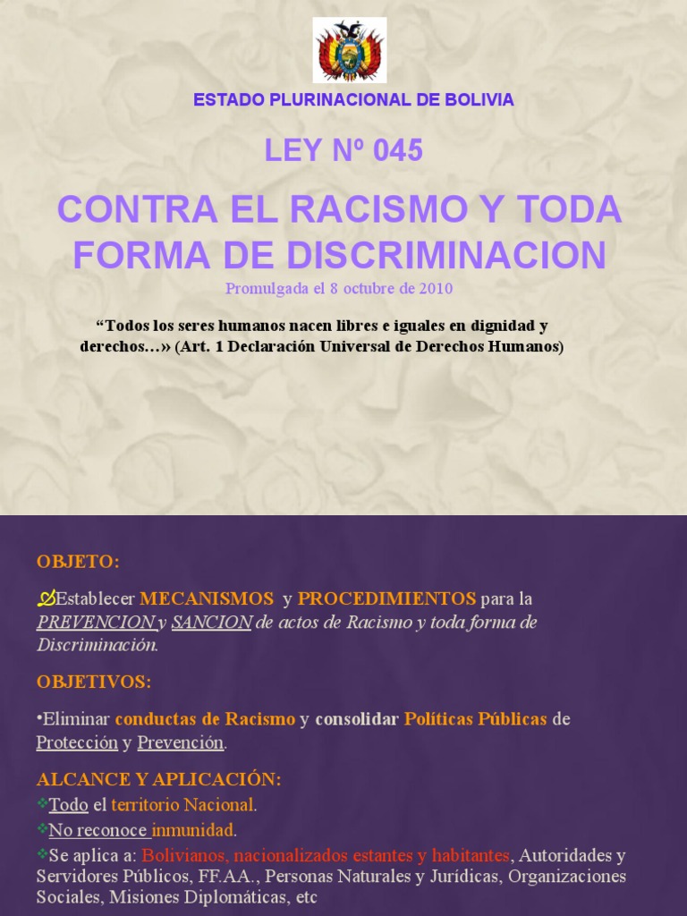 LEY 045 - Ley-Contra-Racismo Y Toda Forma de Discriminación | PDF | Discriminación y relaciones ...