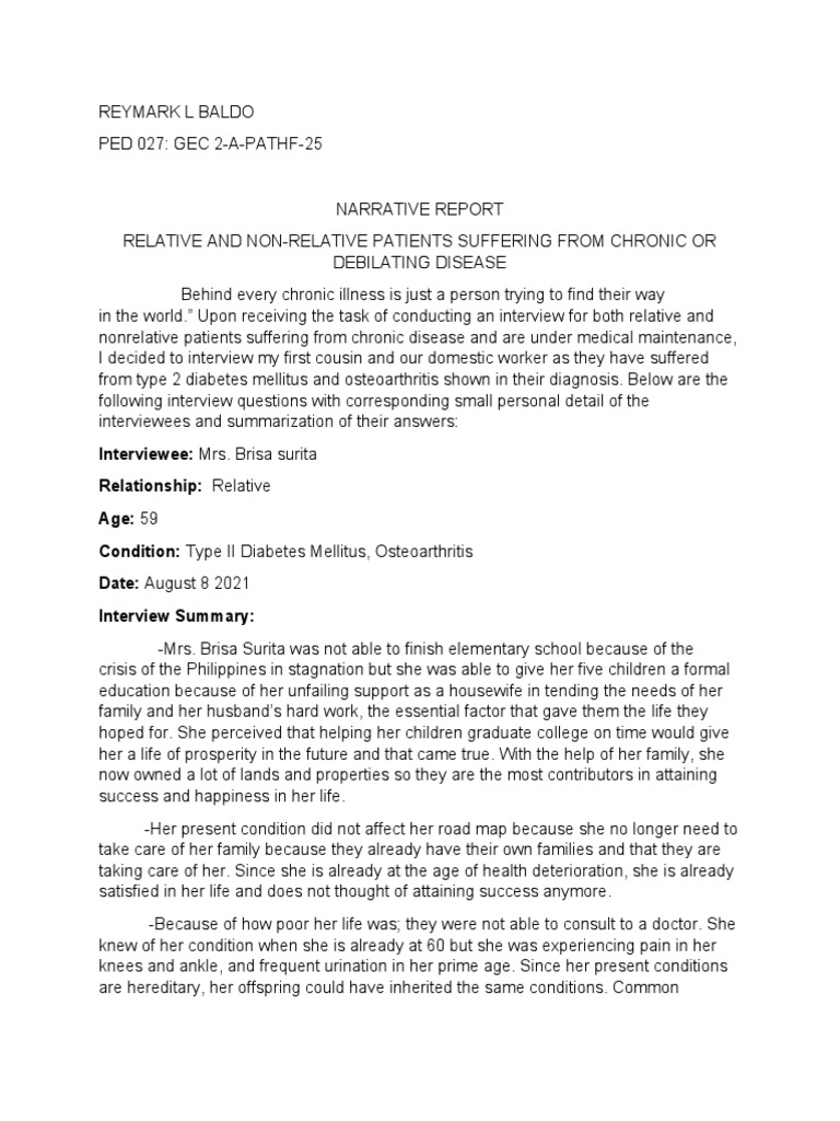 Reymark L Bald Pe Interview Narrative Report | PDF | Chronic Condition | Osteoarthritis