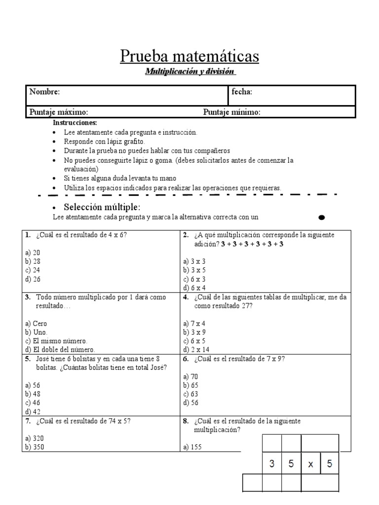 Prueba de Multiplicación y División | PDF | División (Matemáticas ...