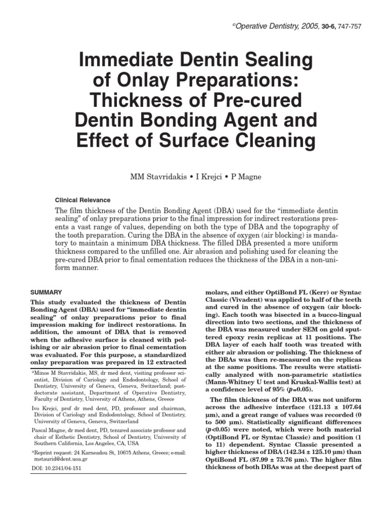 Immediate Dentin Sealing of Onlay Preparations - Thickness of Pre-Cured ...