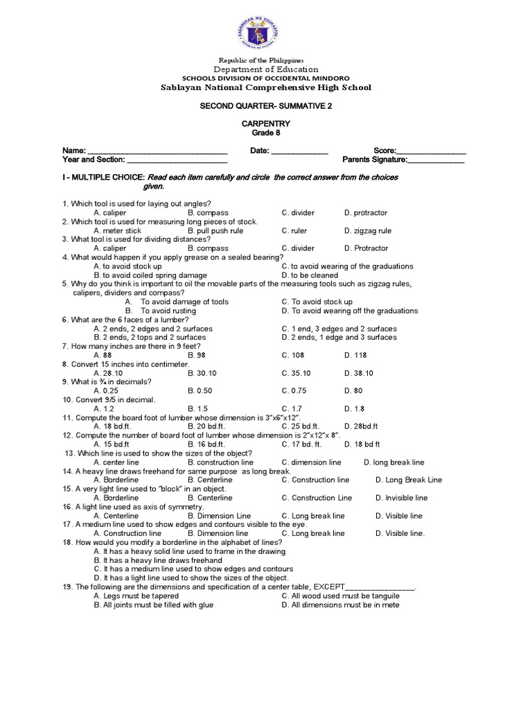 Summative Assessment on Carpentry Fundamentals and Technical Drawing ...