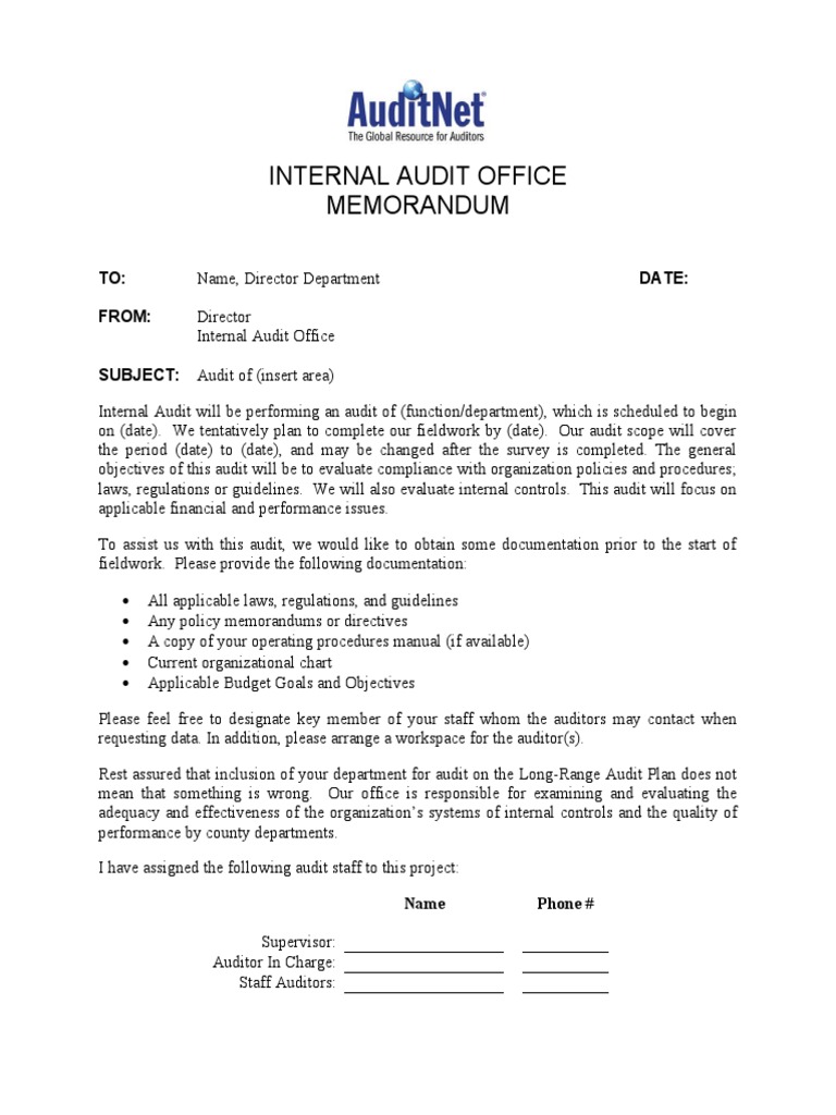 Internal Audit Engagement Memo | PDF | Career & Growth