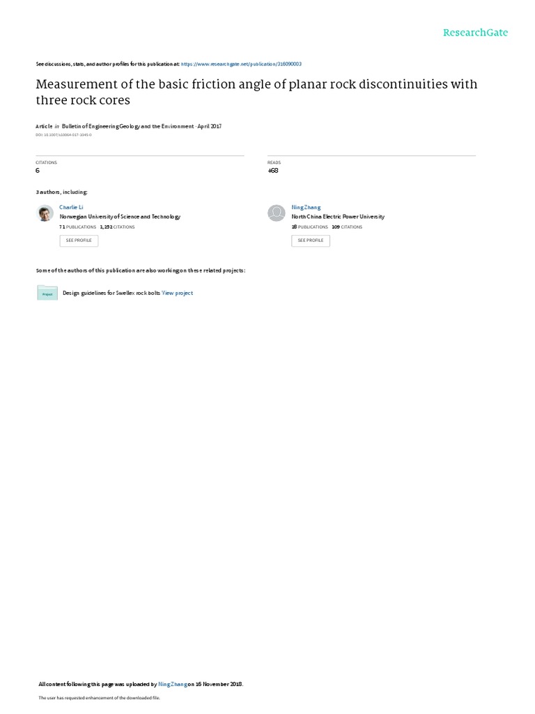 Measurement Of The Basic Friction Angle Of Planar Rock Discontinuities With Three Rock Cores