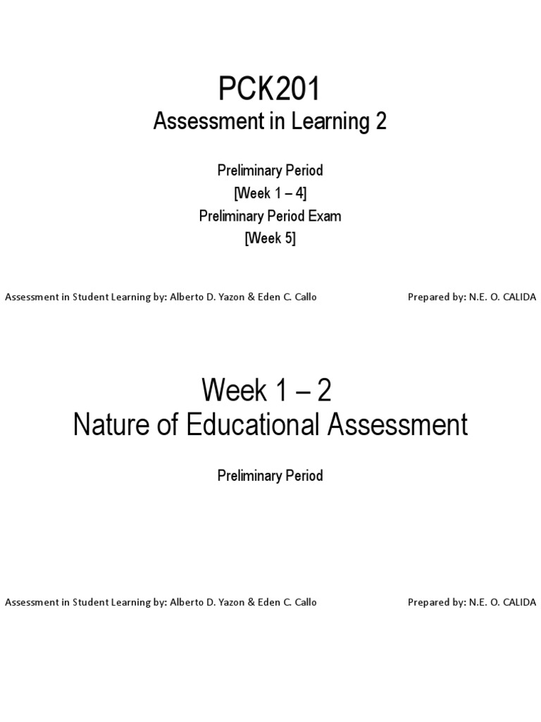 Assessment in Learning 2: Preliminary Period (Week 1 - 4) Preliminary ...