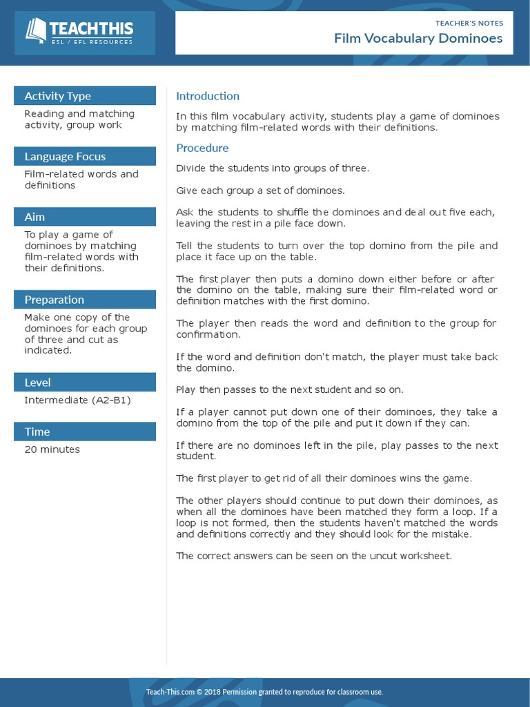 Film Vocabulary Dominoes: Activity Type | PDF | English As A Second Or ...
