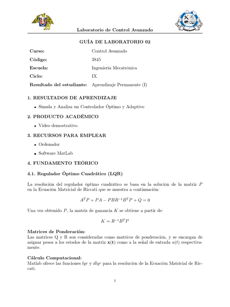 Simulación de Controladores Óptimos en LQR | PDF | Matriz (Matemáticas ...