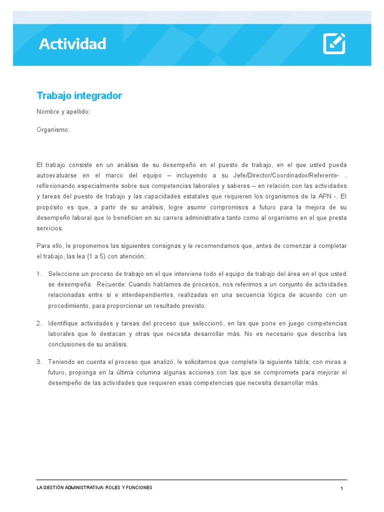 La Gestión Administrativa, Roles y Func - Consigna Trabajo Integrador Final | PDF | Cognición