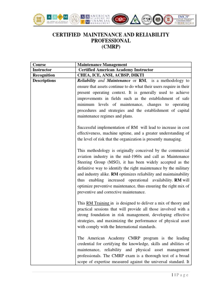 Syllabus Certified Maintenance and Reliability Professional (CMRP ...