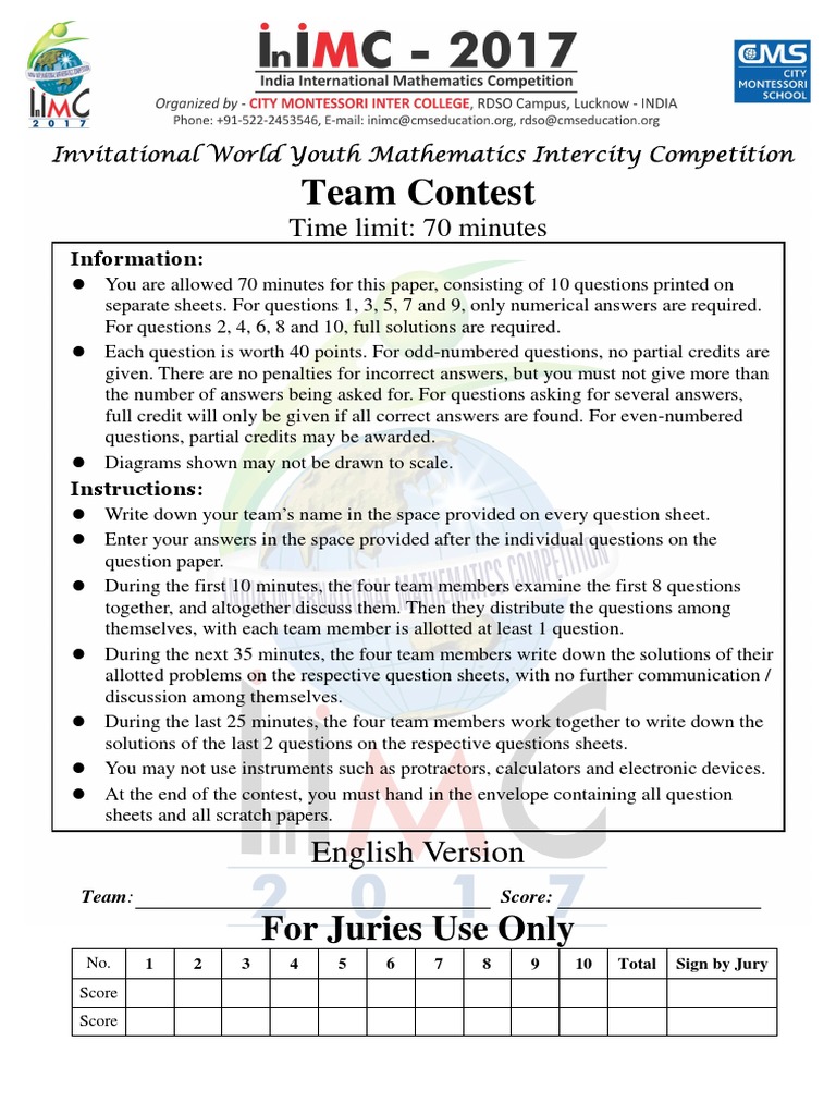 World Youth Math Competition Team Contest | PDF | Mathematics ...