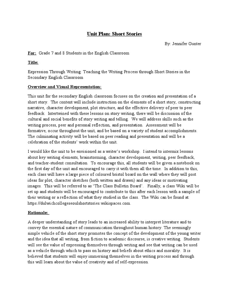 Unit Plan: Short Stories: For: Grade 7 and 8 Students in The English ...