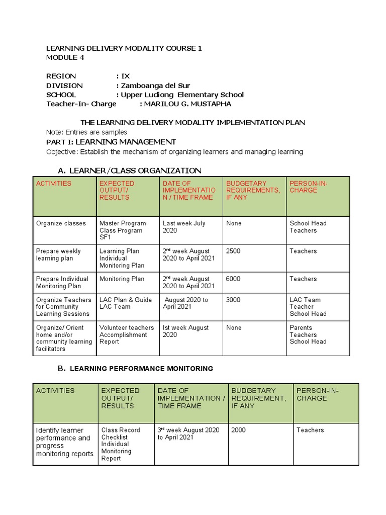 LDM1 Module 4 Implementation Plan Template | PDF | Learning | Cognition