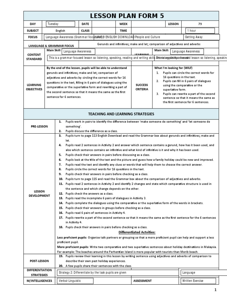 Lesson Plan Form 5: Teaching and Learning Strategies | PDF | English ...