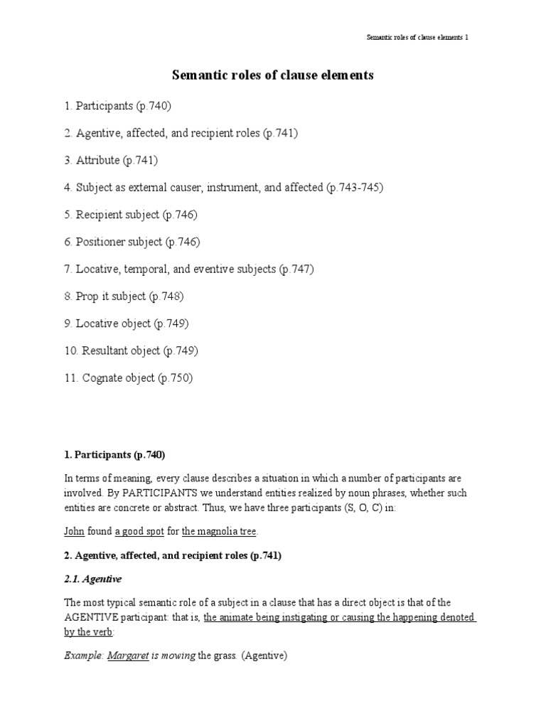 Semantic Roles of Clause Elements | PDF | Subject (Grammar) | Object ...