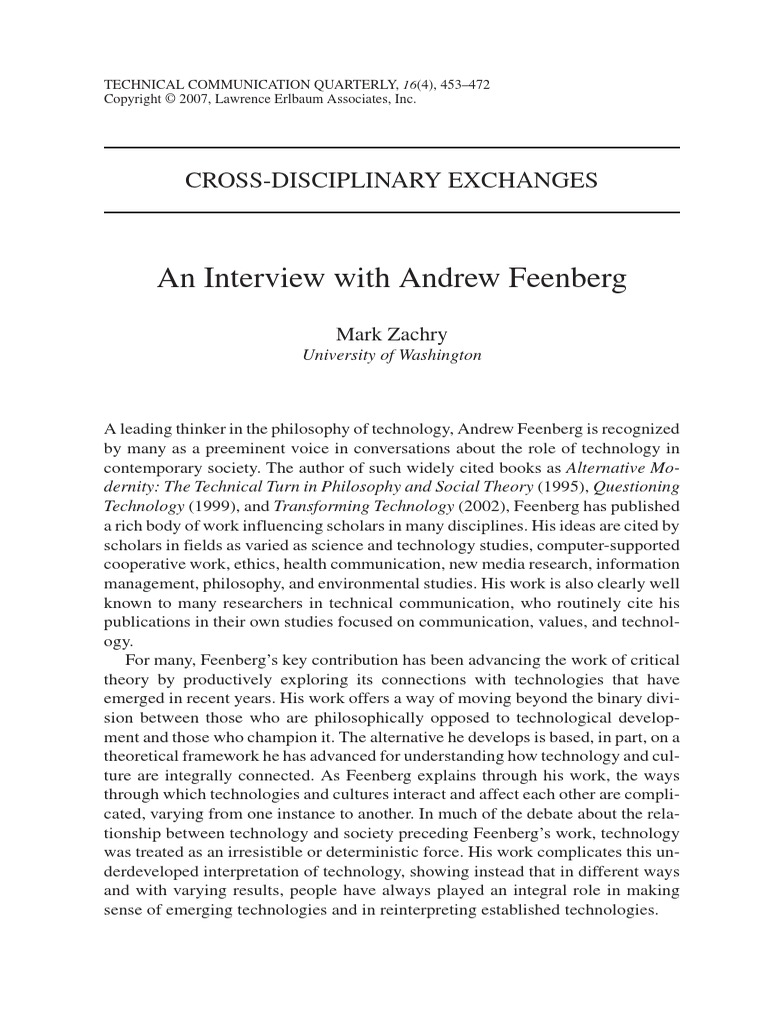 An Interview With Andrew Feenberg | PDF | Critical Theory | Distance ...