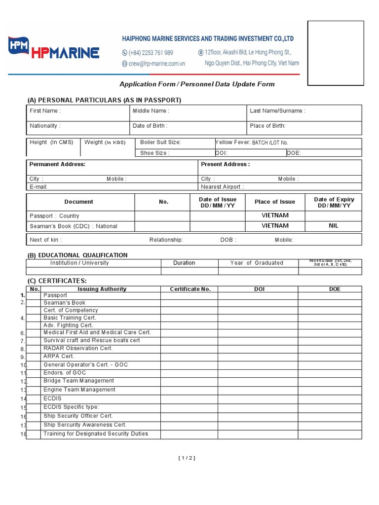 HP Marine Crew Application Form | PDF | Sailor | Ships